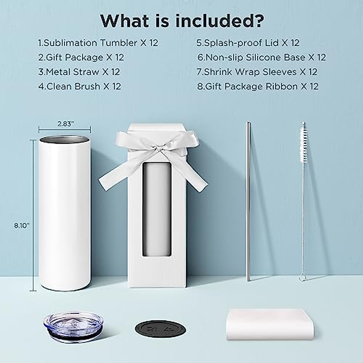 GMFINE Sublimation Tumbler Blank 20 oz Skinny Straight with Lids & Metal Straw, Stainless Steel Insulated Sublimation Cups Blank for Mugs Tumbler Heat Press, Pack of 12