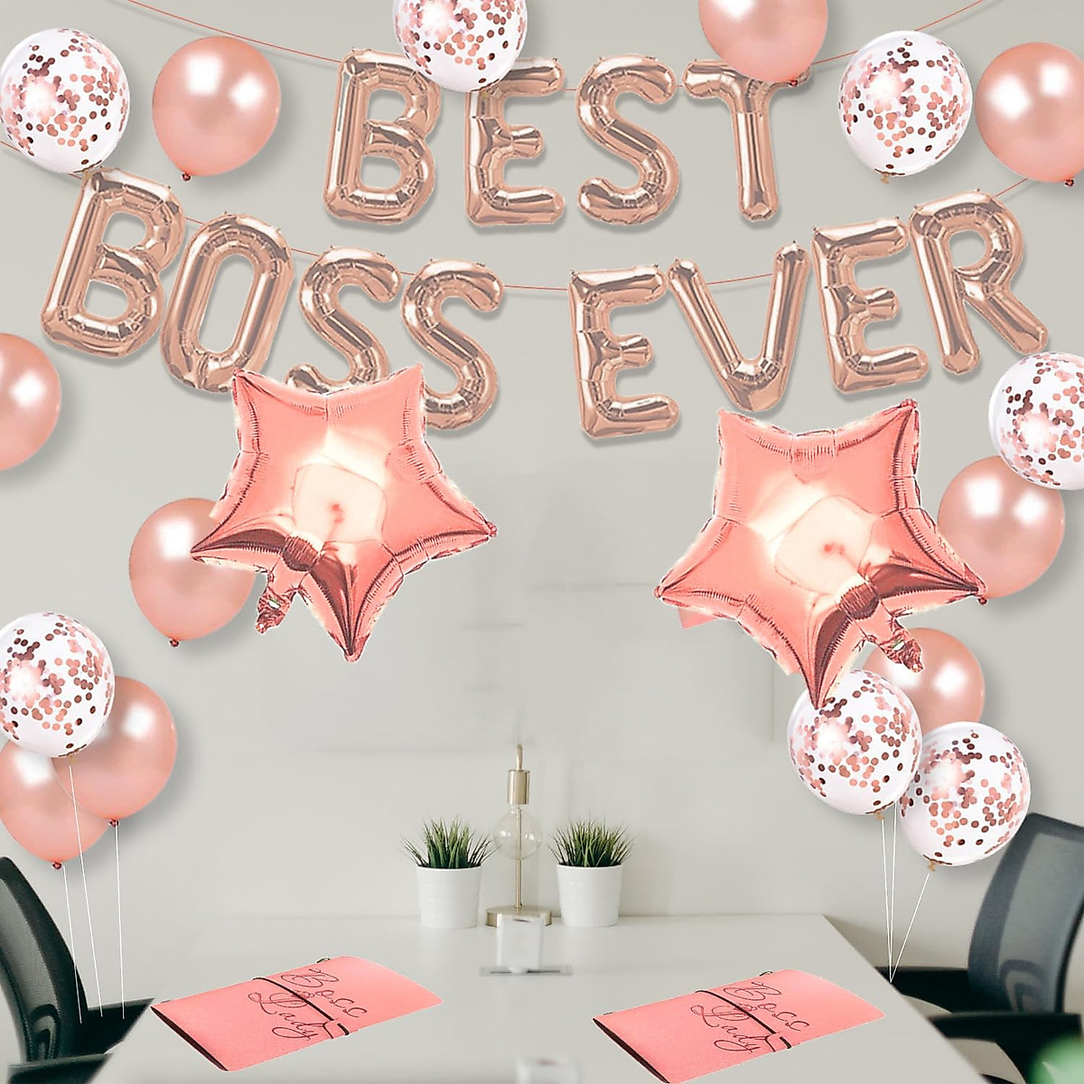Bosses Day Decorations Best Boss Ever Balloons and Banners Rose Gold Confetti Latex Balloon for Women Happy Boss's Day Party Supplies Best Boss Ever Party Decoration