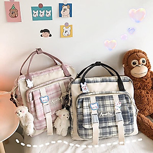 Kawaii Backpack with Plush Bear Pendant, Cute Plaided Japanese Ita Handbag Crossbody Shoulder Bag Aesthetic Tote Bag (Black)