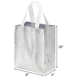 Elsjoy 40 Pack Glossy Reusable Grocery Bags, 10 x 8 Inch Non-woven Tote Shopping Bags with Handle, Silver Shiny Gift Bags Stylish Shopping Bags for Birthday, Wedding, Party, Business