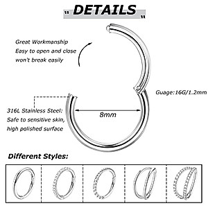 CASSIECA 5Pcs 16G Surgical Steel Nose Rings Hoop for Women CZ Clicker Hinged Septum Ring Lip Helix Cartilage Double Hoop Earring Daith Rook Conch Body Piercing Jewelry for Women 8mm