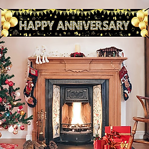 Wedding Anniversary Banner Decorations, Large Happy Anniversary Yard Sign Party Supplies Decor, Black Gold Outdoor 16th/21st/30th/40th Anniversary Decorations Photo Booth Props(9.8 X 1.6ft)