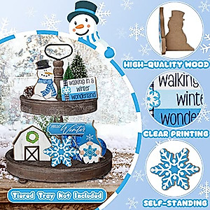 Guoofu Winter Tiered Tray Decor, Farmhouse Tray Decorations, Winter Wonderland Snowman Gnome Snowflake Wooden Signs, Rustic Winter Decor for Home Table Mantel Office Holiday Party