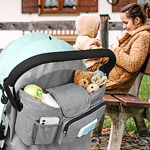 Accmor Universal Stroller Organizer with Insulated Cup Holder, Stroller Caddy Bag Accessories, Stroller Cup Holder Organizer for Uppababy Baby Jogger Britax Stroller, Grey