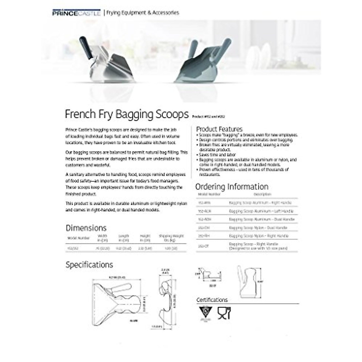 Prince Castle 152-ARN Right Handle Aluminum Fry Scoop - Efficient French Fry Scooper