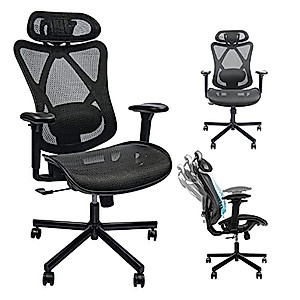 Mesh Office Chair, Ergonomic Office Chair with Adjustable Lumbar Support, Armrest, Headrest - Tilt High Back Desk Chair with Mute Wheel for Office, Home, Gaming