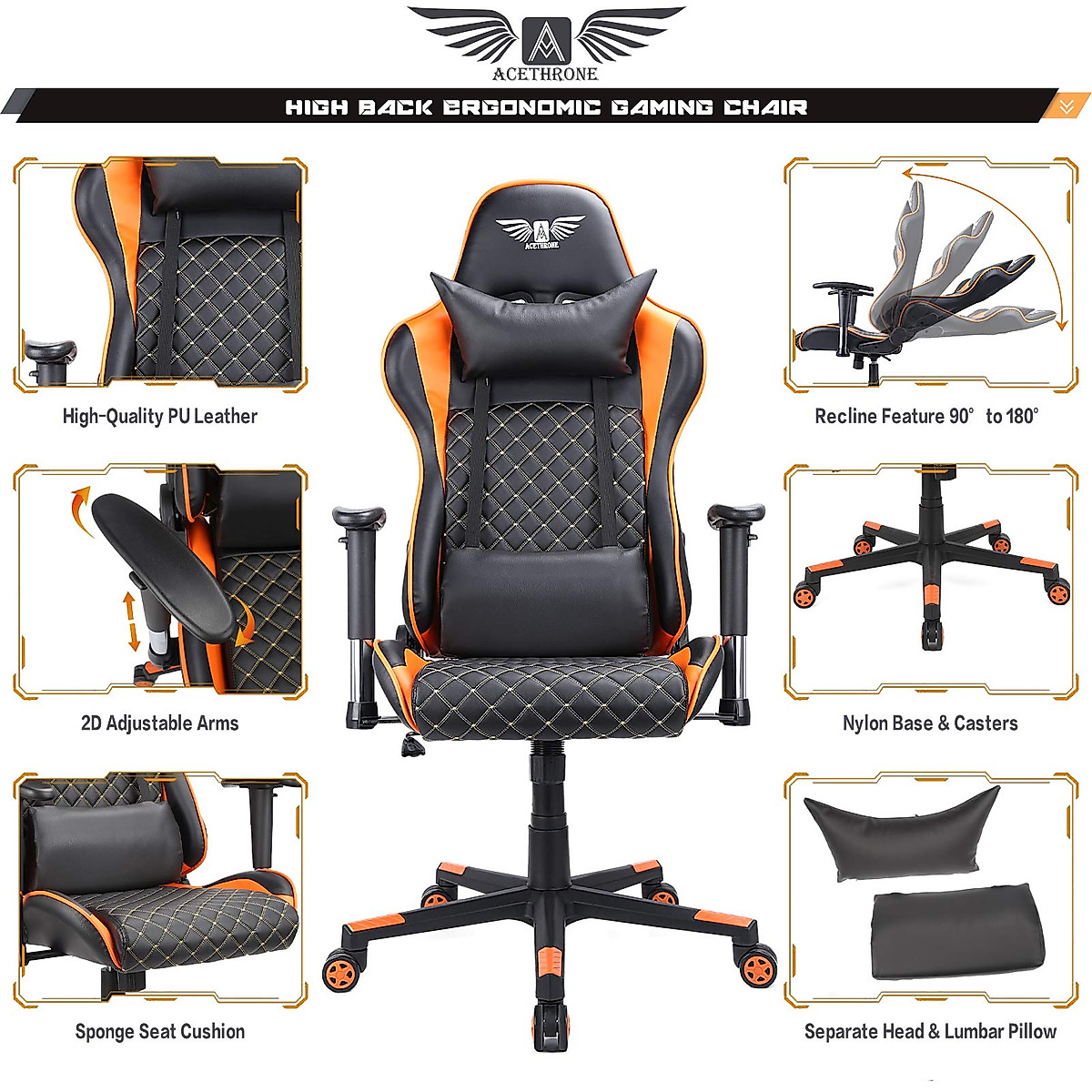 Acethrone Gaming Chair High Back Computer Chair Soft PU leather office Desk Chair Racing Executive Ergonomic Adjustable Swivel Task Chair Reclining with Headrest and Lumbar Support for Adults (Orange)