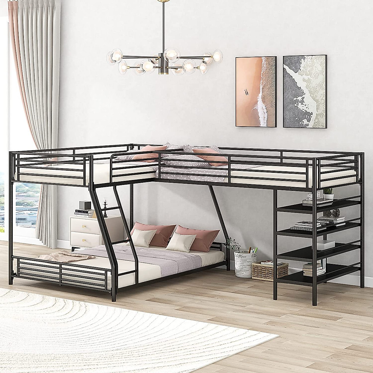 DNYN Twin Over Full Bunk Bed for Kids,L-Shaped Metal Bedframe with Loftbed Style & 4 Built-in Shelves,Perfect for Dorm,Bedroom,Guest Room,No Box Spring Needed,117.2"x77.5"x62.9", Black