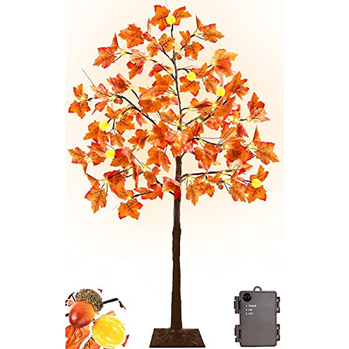 TURNMEON 4 Feet Prelit Maple Tree Fall Decorations Fall Tree Decor with Timer Pumpkin Lights 60 LED Warm Lights Acorn Brown Battery Box Thick Fall Tree Autumn Thanksgiving Indoor Outdoor Party