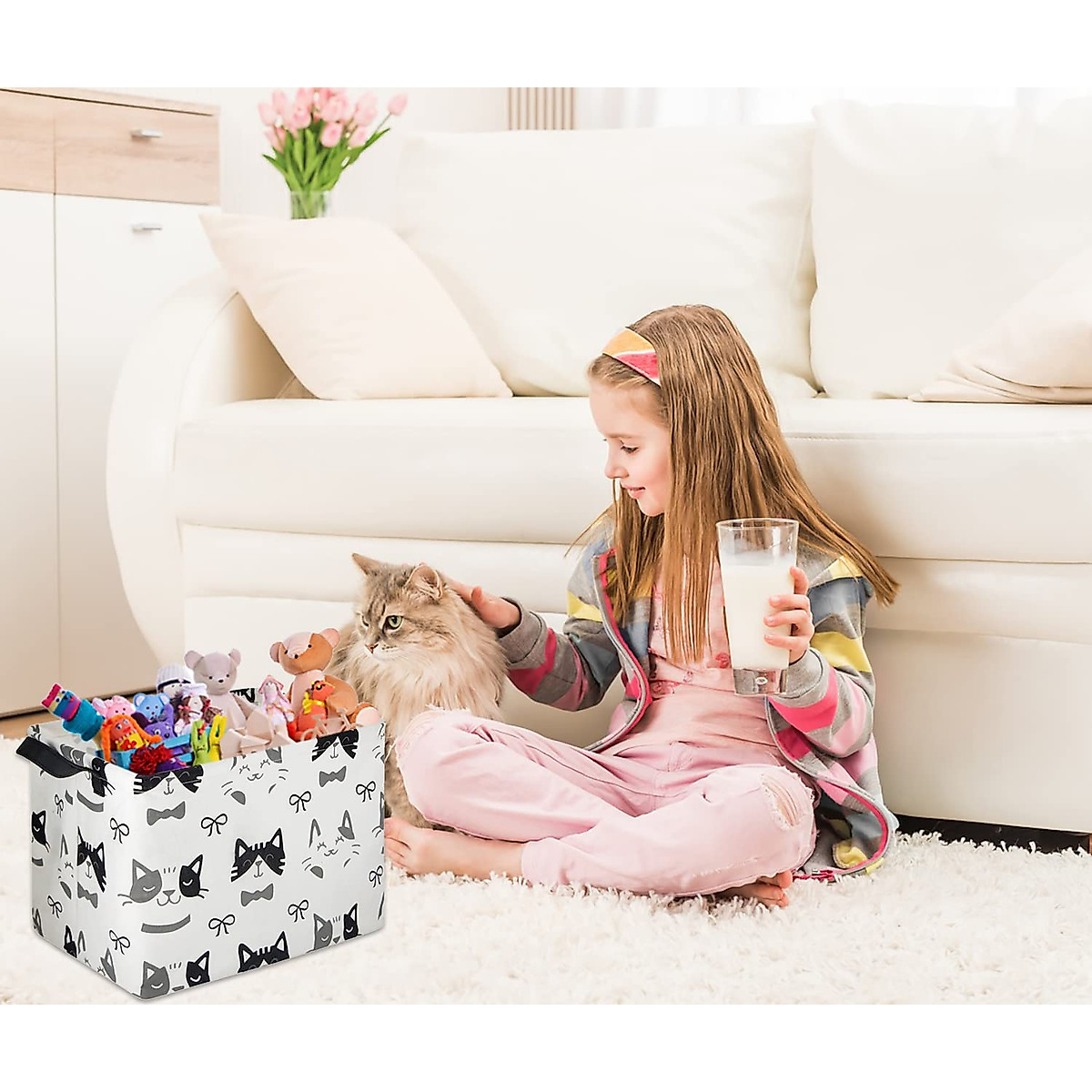 HIYAGON Cat Basket Cute Toy Storage Basket Bin Organizer Box Kids Gift Basket Empty Rectangular Cat Room Decor for Home Books(Bowknot Cats)