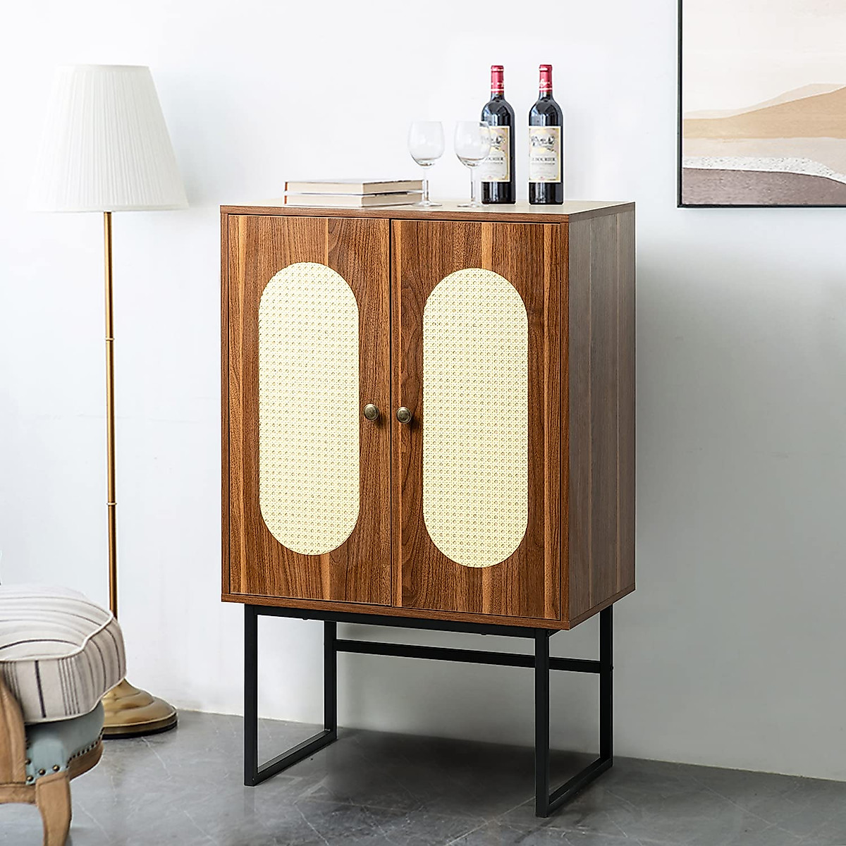 Voohek High 2 Rattan Doors, Interior Shelves and Black Metal Base, Sideboard w/Simulated Wood Patterns & Retro Knobs Elements On Surface Storage Cabinet, Walnut