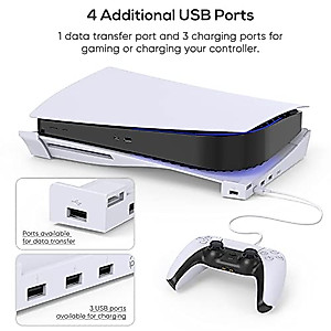 Horizontal Stand for PS5 Console with 4-Port USB Hub,MENEEA Upgraded Base Skate Holder Accessories for Playstation 5 Disc & Digital Edition,3 Charging Port Extension &1 USB 2.0 Data Port