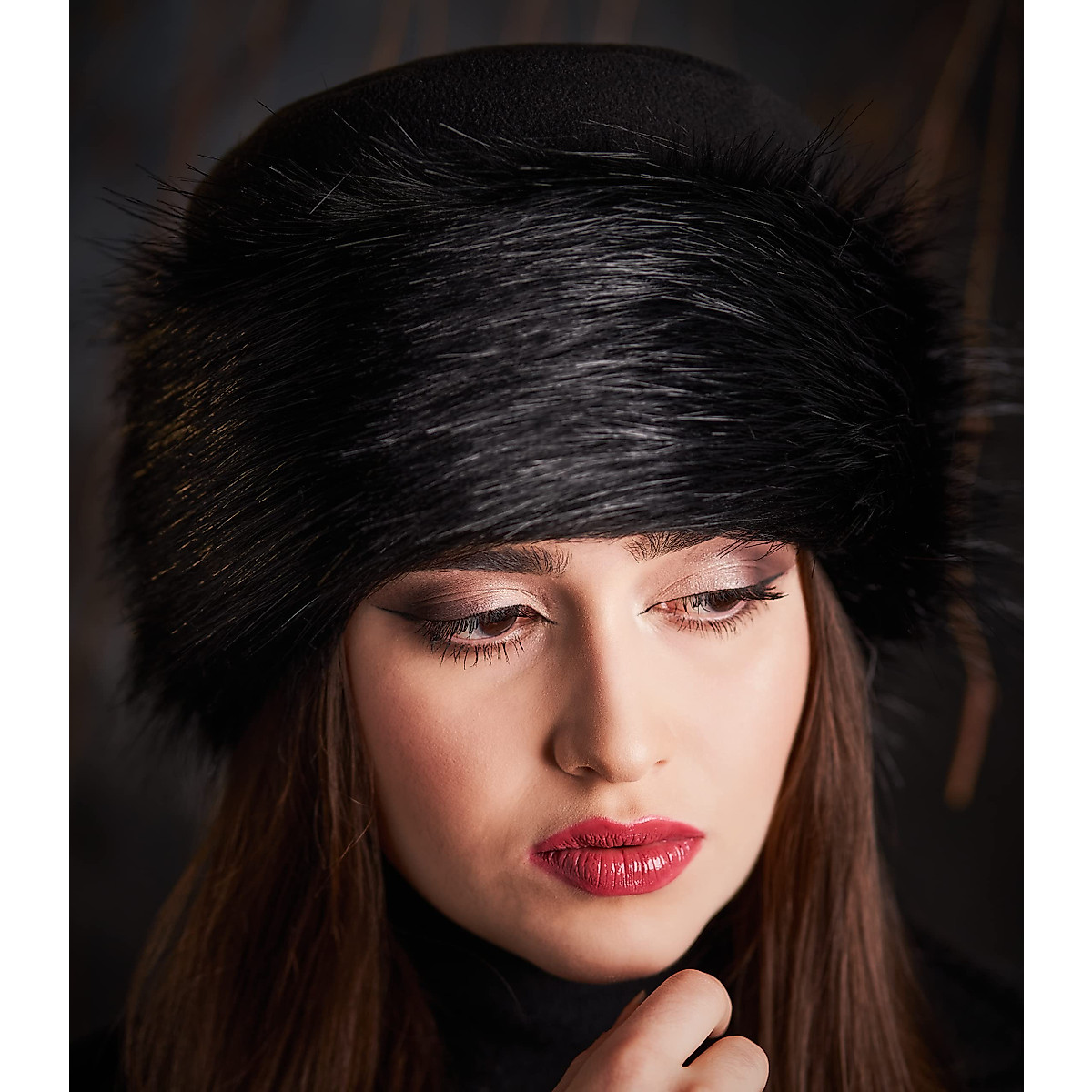 Futrzane Classic Trim Hat - Faux Fur Trimmed Hats for Women - Classy Fleece Cap (M, Black - Black Classic)