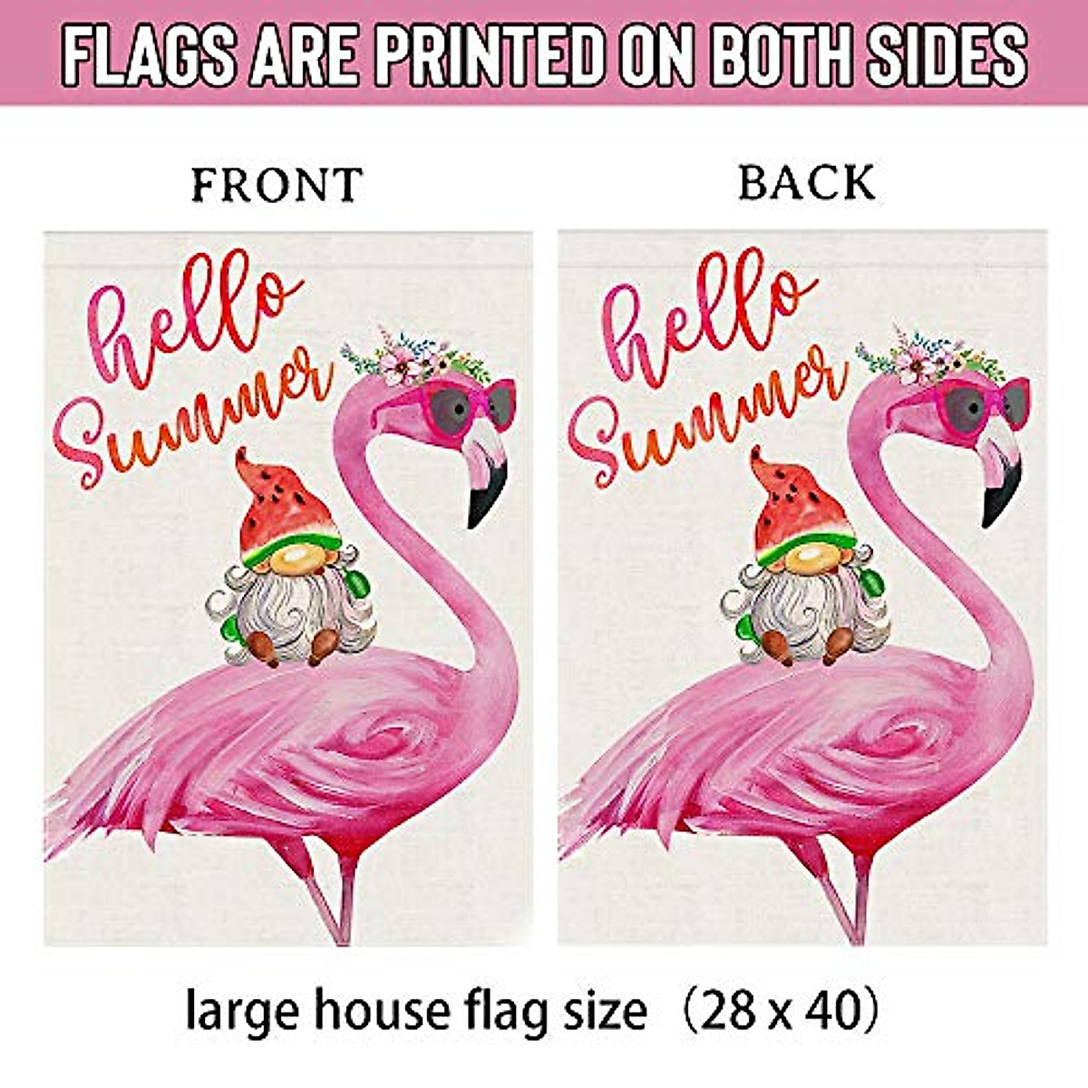 pinata Flamingo Summer Garden Flag 28 X 40 Double Sided, Large Gnome Summer House Flag, Burlap Outside Lawn Seasonal Yard Welcome Flag, Hello Summer Banner Sign, Cute Watermelon Beach Porch Pink Decor