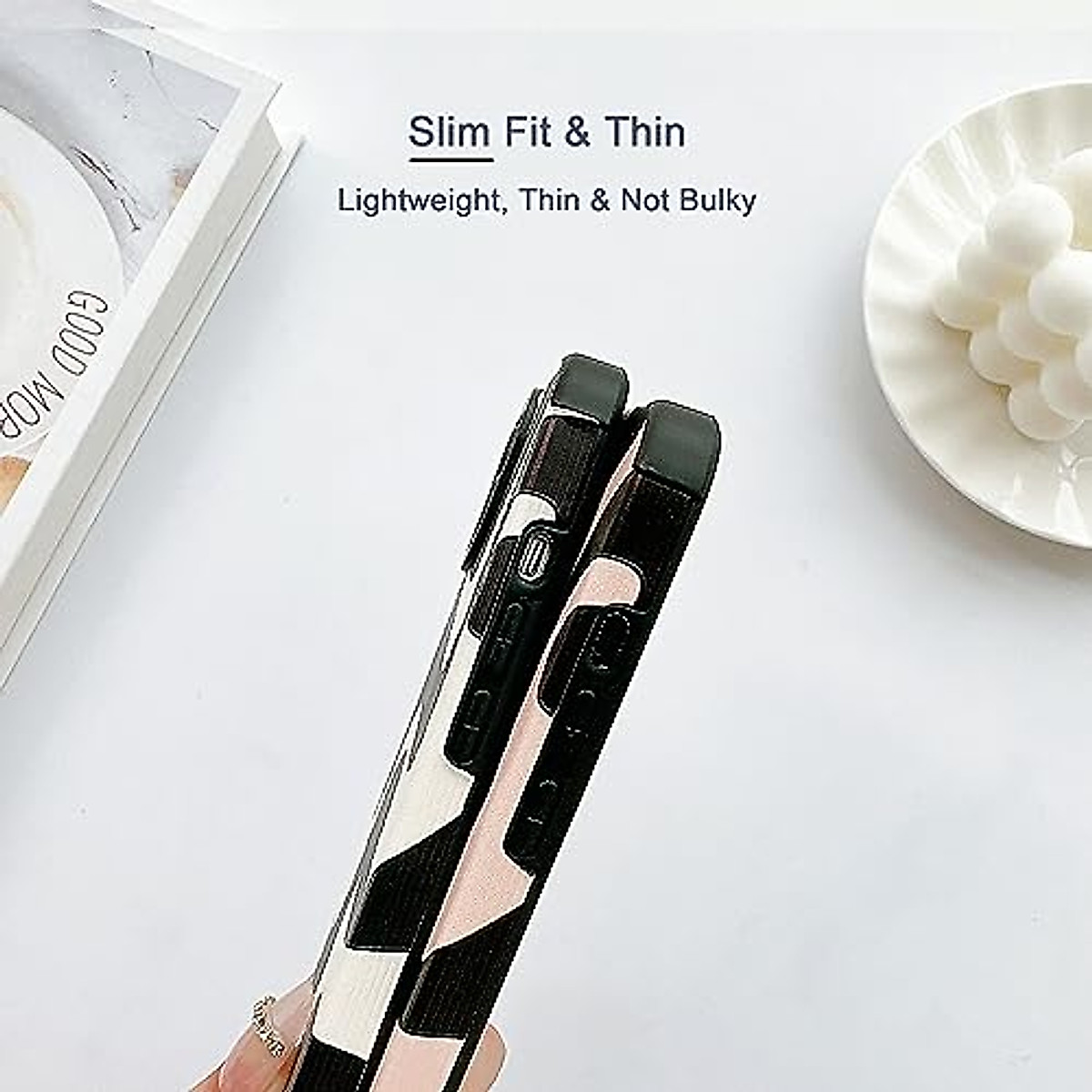 INJPCUCA Designed for iPhone 13 Pro Case, Cute Wave Pattern Design Black Protective Case for Women Girls PU Leather Silicone Slim Shockproof Cover for iPhone 13 Pro 6.1", Beige White