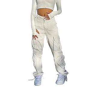 High Waisted Cargo Jeans for Women Straight Wide Leg Y2k Streetwear Cargo Pants Baggy Boyfriend Denim Pants with Pockets Beige White