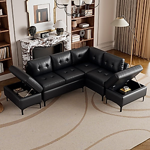 Linique 94.8" L-Shaped Pu Leather Sofa with 2 Movable Storage Ottoman, Modern Sectional Sofa Set for Living Room, Apartment, Black