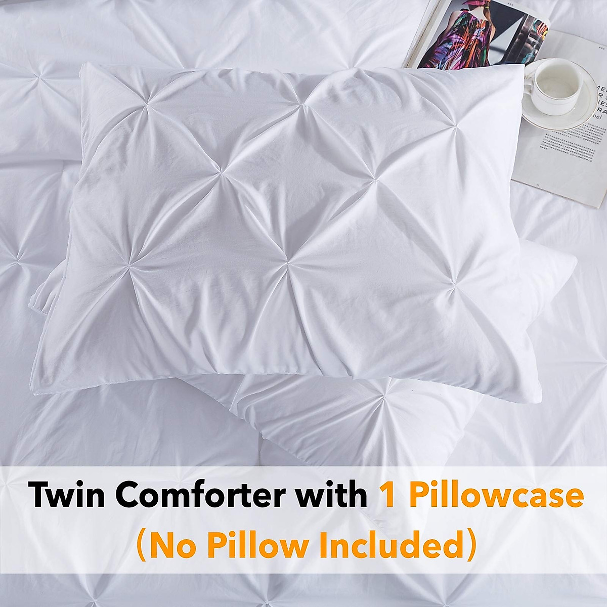 Andency White Twin Comforter Set (66x90Inch), 2 Pieces Cute Soft Pinch Pleat Bedding Comforters & Sets for Kids Girls, All Season Lightweight Fluffy Down Alternative Bed Set