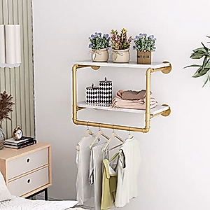 HOMEKAYT Industrial Pipe Shelving Wall Mounted Rustic Wood Shelf Industrial Floating Shelves-(Gold,2-Tier)