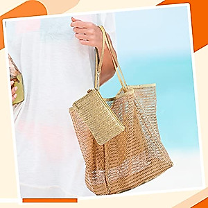 Mesh Beach Tote Bohemian Summer Shoulder Handbag and Zipper Wristlet Woven Straw Clutch Bag Beach Straw Purse for Women Girls