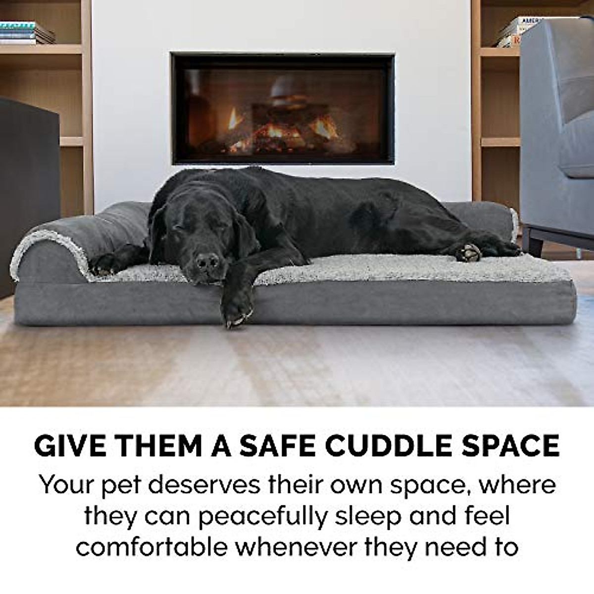 Furhaven XL Memory Foam Dog Bed Two-Tone Faux Fur & Suede L Shaped Chaise w/ Removable Washable Cover - Stone Gray, Jumbo