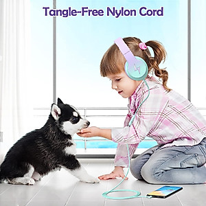 Candy Bila Kids Headphones, Wired Headphones for Kids Over Ear with Microphone, 85/94dB Volume Limiter Headphones for Girls Boys with Sharing Jack, Foldable Headphones for Online Study,Gradient Purple