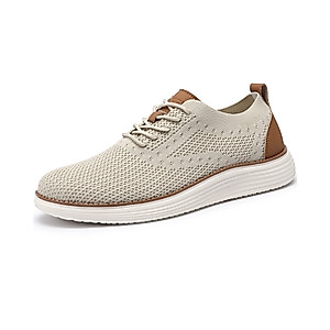 VILOCY Men's Casual Dress Sneakers Oxfords Business Shoes Lace Up Lightweight Comfortable Breathable Walking Knit Mesh Fashion Sneakers Tennis Beige,EU44