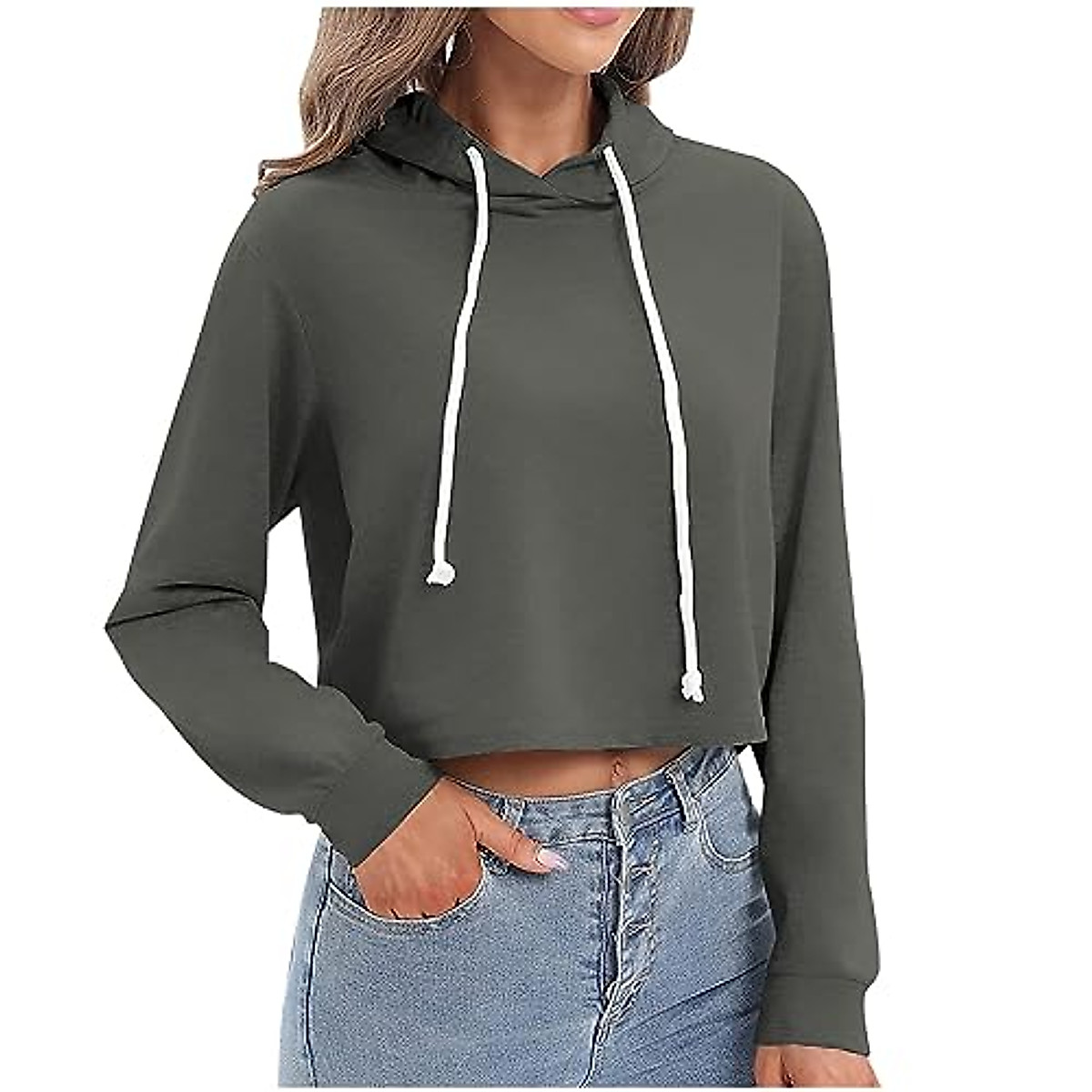 Mittory Women's Cropped Hoodie Long Sleeve Drawstring Sweatshirt Casual Cute Pullover Workout Crop Tops