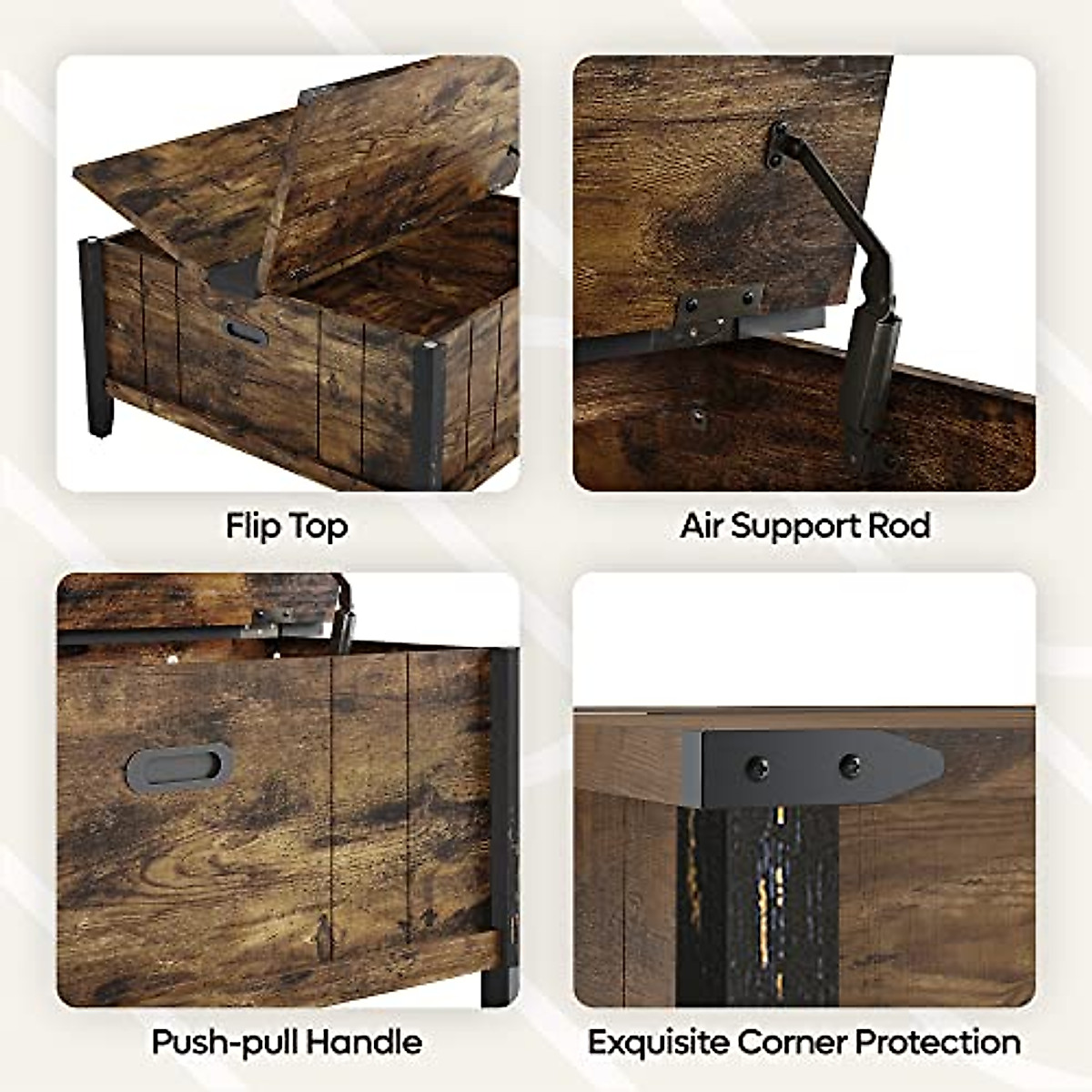 Bestier Farmhouse Coffee Table, Square Wood Center Table with Large Hidden Storage Compartment for Living Room, Rustic Cocktail Table with Hinged Lift Top for Home, Brown