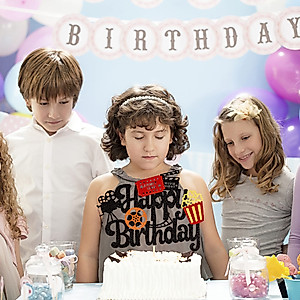 1 PCS Movie Night Cake Topper Happy Birthday Sign Cake Pick Decorations for Theater Video Recorder Roll Camera Popcorn Hollywood Theme Family Film Baby Shower Birthday Party Supplies