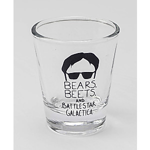 The Office 4 Piece Shot Glass Set (Dunder Mifflin, Prison Mike, Schrute Farms, and Bears, Beets, Battlestar Galactica))