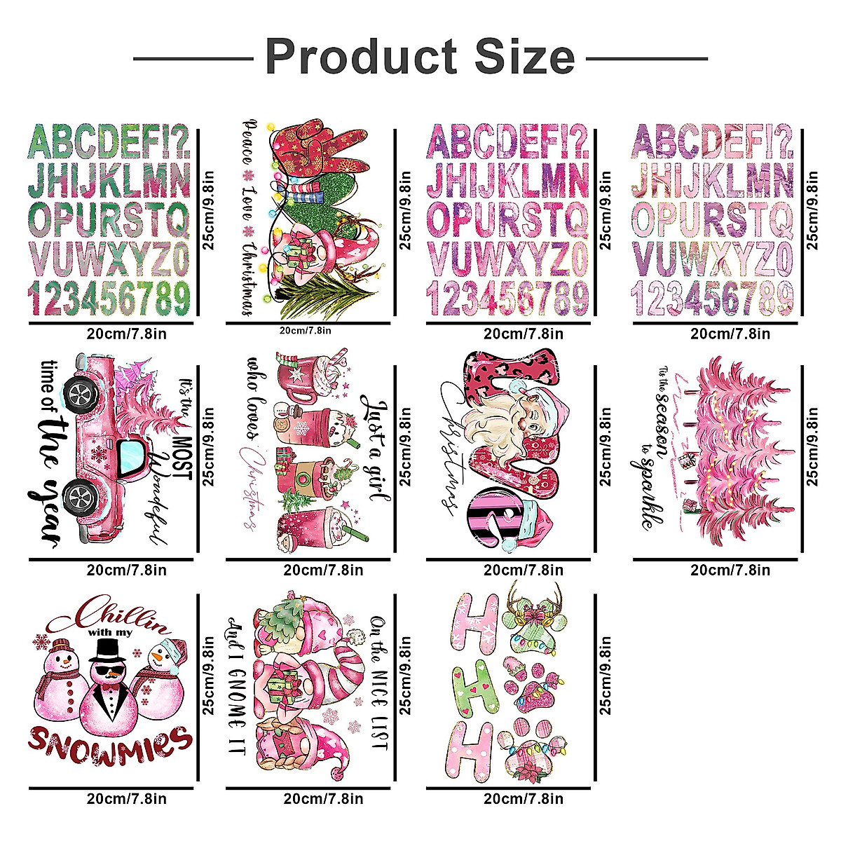 11 Sheets Christmas Iron on Letters transfers for t Shirts - Christmas HTV Heat Transfer Vinyl Iron on Decal Patches Design - Christmas Crafts Iron on Decals for Women