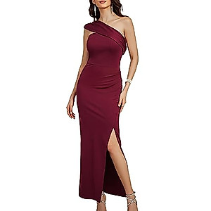 One Shoulder Long Formal Dresses for Women Wedding Guest Wine Red Thigh Split Dress Ruched Bodycon Prom Dress M