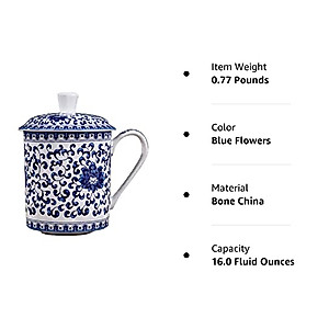 Heitiliamu Convenient Travel Home Office Chinese Gongfu Loose Leaf Tea/Coffee Brewing System- Bone China Porcelain Tea Cup/Coffee Cup/Tea Mug/Coffee Mug Personal Teacup with Tea Cup Lid,Blue Flowers
