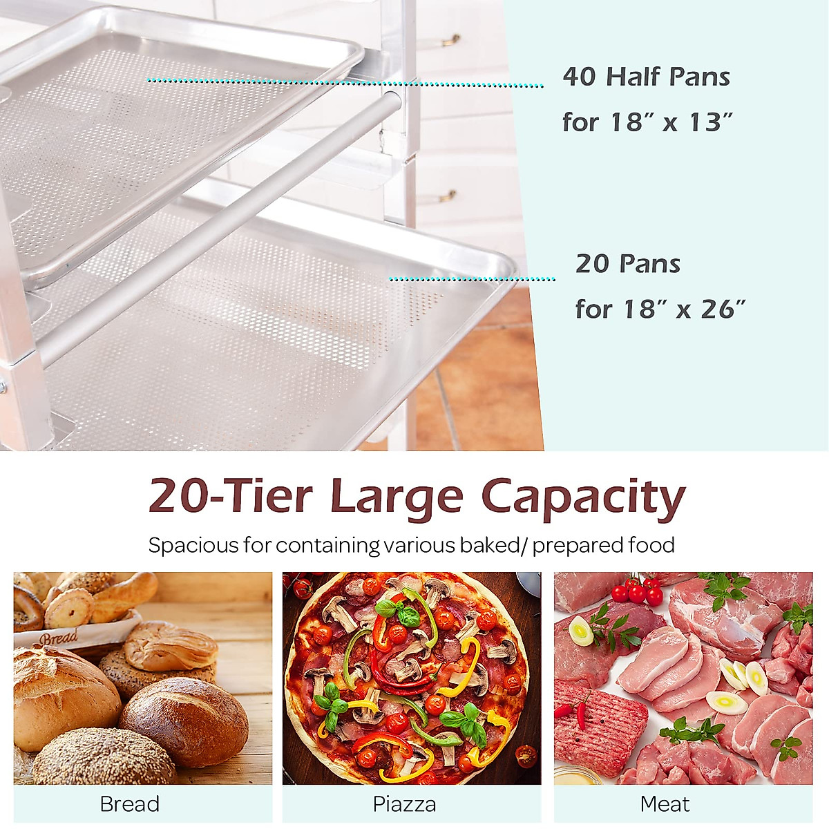 PETSITE 20 Tier Sheet Pan Rack, Commercial Aluminum Full & Half Bun Pan Bakery Rack with Brake Wheels for Restaurant Home Kitchen