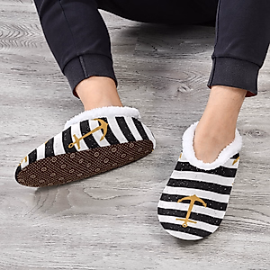 Indoor Slippers for Women Men Nautical Sea Anchor Stripe House Slipper Socks with Grippers Non-Slip Fuzzy Feet Slippers Winter Warm Flip Flop (Men 11-12)