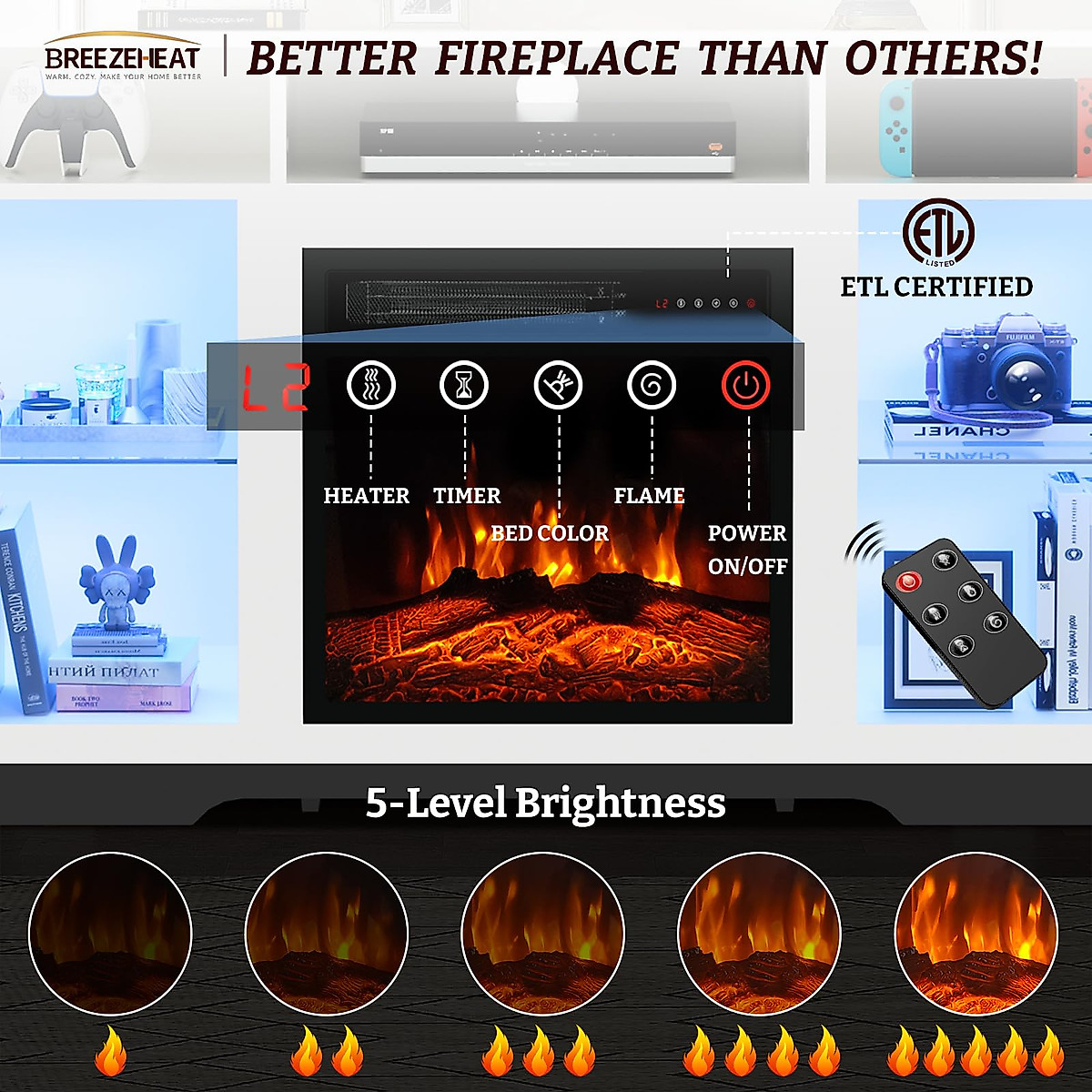 BREEZEHEAT Fireplace TV Stand for TVs Up to 55"-Led Entertainment Center-47 inch TV Stand with 18" Electric Fireplace-Bedroom Wooden TV Cabinet with Glass Shelves, Modern Media Console (White)