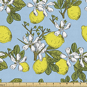Ambesonne Botanical Fabric by The Yard, Fresh Lemon Patterns with Blossoms and Branches Botanical Spring Art, Decorative Fabric for Upholstery and Home Accents, 2 Yards, Yellow Blue