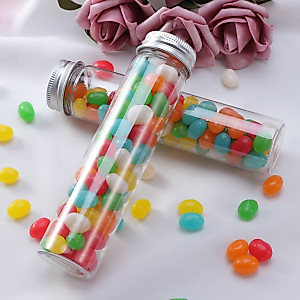 UEETEK 15pcs 110ml Flat-Bottomed Plastic Clear Test Tubes with Screw Caps Candy Cosmetic Travel Lotion Containers