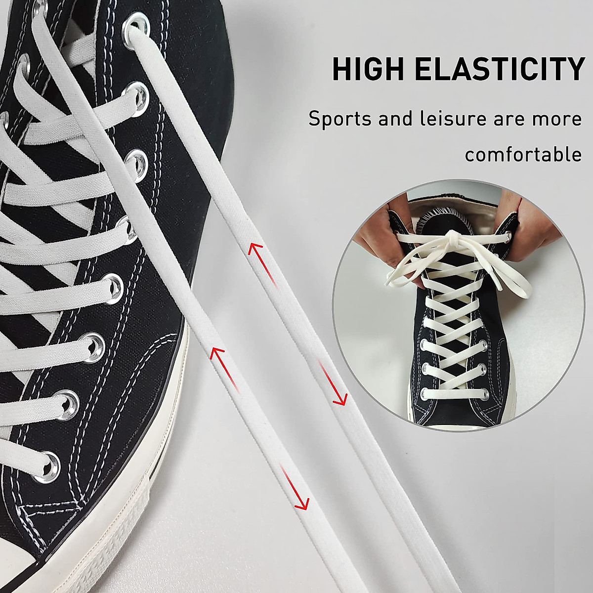 UamGlsob 2 Pairs 5/16" Wide Elastic Shoe Laces Replacement Laces for Converse High Tops Sneakers, Stretch Flat Shoelaces Shoe Strings for Vans High Tops Skate Shoes (03-White, 54'')