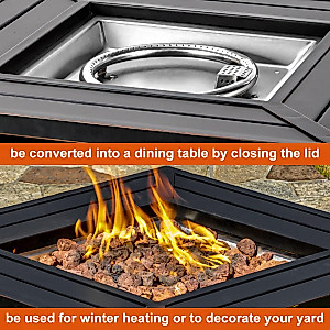 OutVue 28" Propane Fire Pit Table,Gas Fire Pits Table for Outside,50000 BTU Propane Fire Pit with Lid &Lava Rocks,Gas Firepit for Garden,Yard (Black)