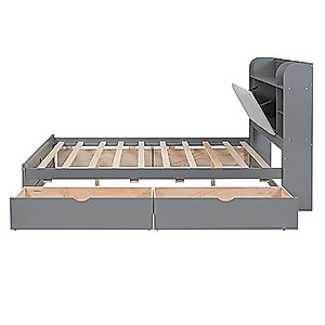 Rhomtree Queen Size Platform Bed, Storage Bed with Storage Headboard, Shelves and 4 Drawer, Wood Bed Frame, Platform Bed, No Box Spring Needed, Easy Assembly(Gray, Queen)