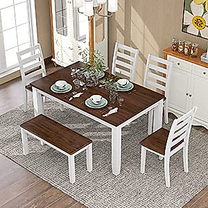 FIQHOME 6-Piece Room, Kitchen Set with Wood Dining Table,Bench and 4 Ergonomic Designed Chairs,Walnut + Cottage White