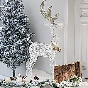 EAMBRITE 48” 70LT Pre-Lit Christmas Glittering Reindeer with Gold Jingle Bell and Twinkle Light Outdoor Holiday Mesh Standing Buck Deer Decorations for Home Lawn Yard Garden Indoor Outdoor Plug in
