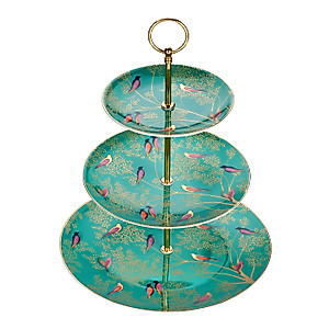 Portmeirion Sara Miller London Chelsea 3 Tier Cake Stand | Green Tiered Dessert Stand for Serving Pastries, Cupcakes, and More | Made from Fine China with Gold Detail | Handwash Only