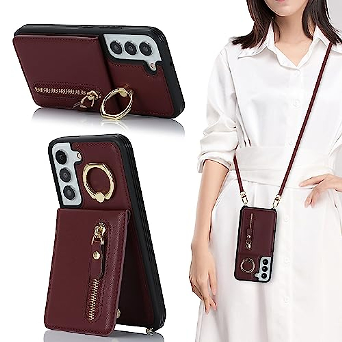 Jaorty Samsung Galaxy S21 5G Phone Case for Women with Card Holder,Crossbody Phone Case for Samsung Galaxy S21 with Strap Lanyard,Credit Card Slots Kickstand Case with Ring Holder,Burgundy
