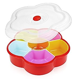 Hslife Separable Colored Flower Shaped Fruit Bowl Snacks Bowl, Candy and Nut Serving Container Appetizer Tray with Lid, 6 Compartment Plastic Food Storage Organizer