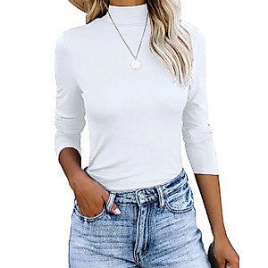 REVETRO Women Long Sleeve Turtleneck Shirts Solid Rayon Slim Fit Stretchy Layer T Shirts Winter Tops White Small……