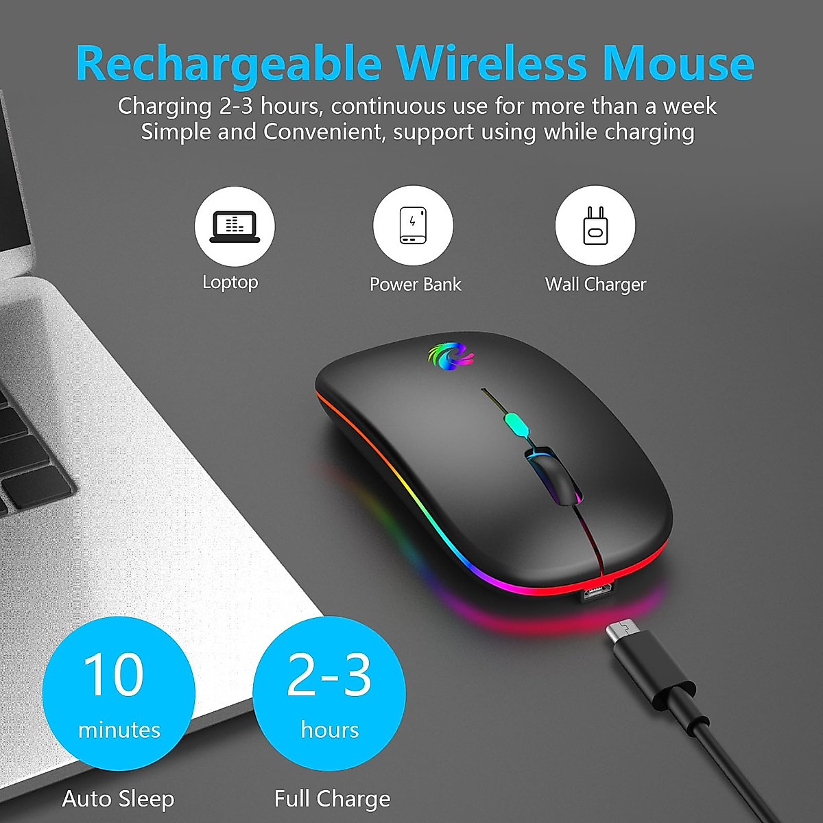 aMZCaSE LED Wireless Mouse, Rechargeable Slim Silent Mice 2.4G Portable Office Optical Mouse with USB Receiver and Type-C Adapter, 3 Adjustable DPI for Laptop, Computer, PC, Notebook, Desktop (Black)