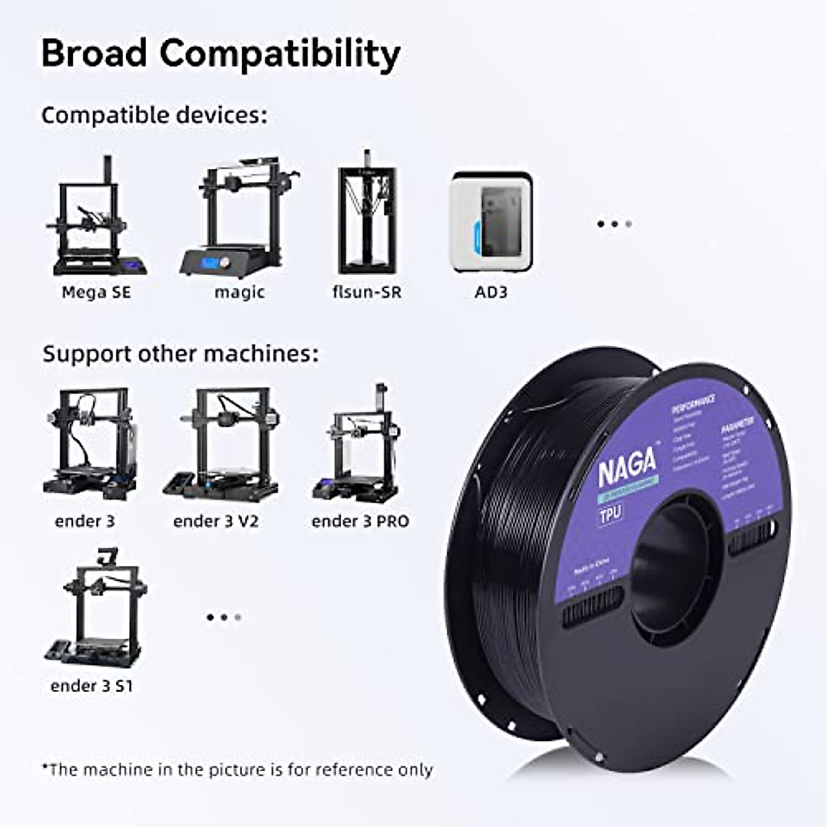 NAGA TPU Filament 1.75mm, Super Neat Flexible 3D Printer Filament, 1kg Roll Spool, Dimensional Accuracy +/- 0.03mm, 95A (1kg Balck TPU)